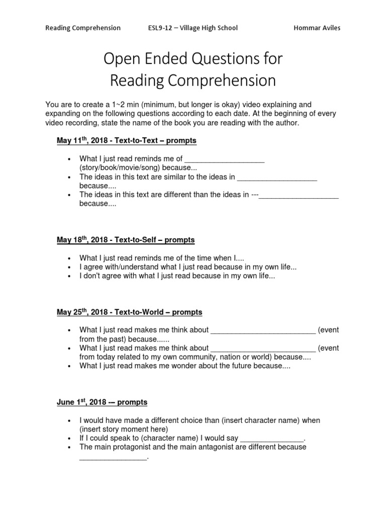 Open Ended Questions For Book Reading Comprehension | PDF