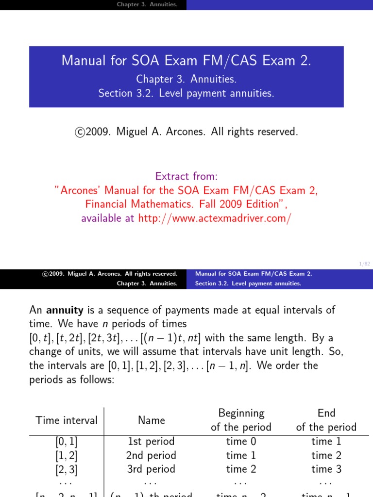 Manual For SOA Exam FM/CAS Exam 2.: Chapter 3. Annuities. Section 3.2. Level Payment Annuities ...