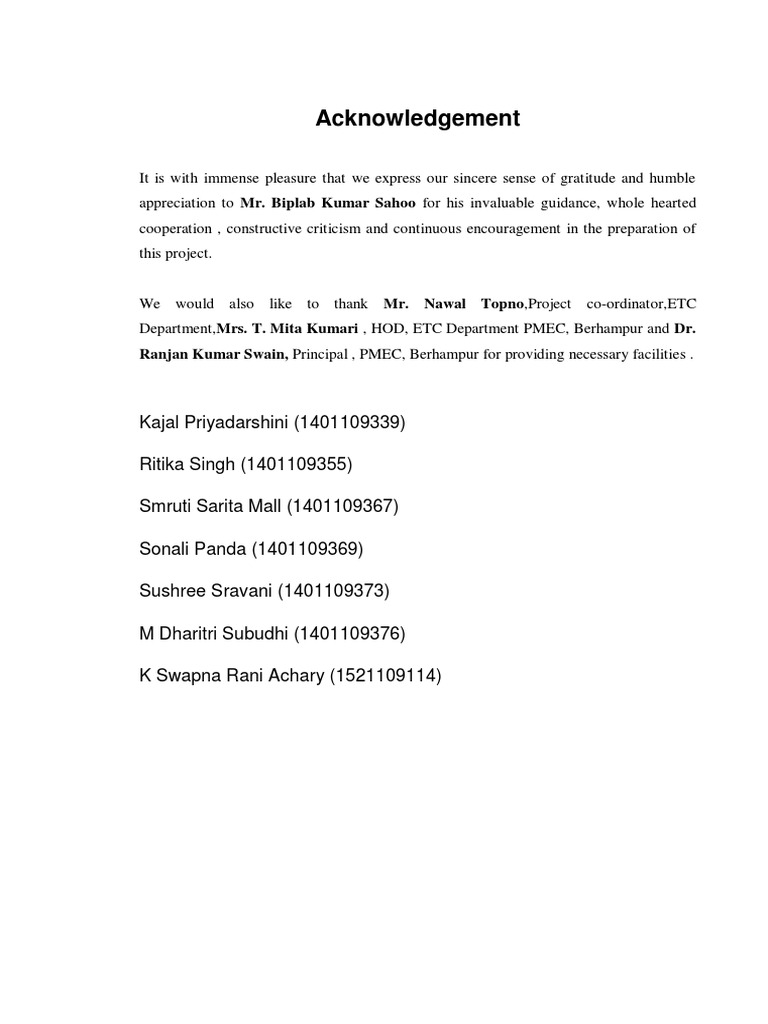 Acknowledgement: Ranjan Kumar Swain, Principal, PMEC, Berhampur For ...