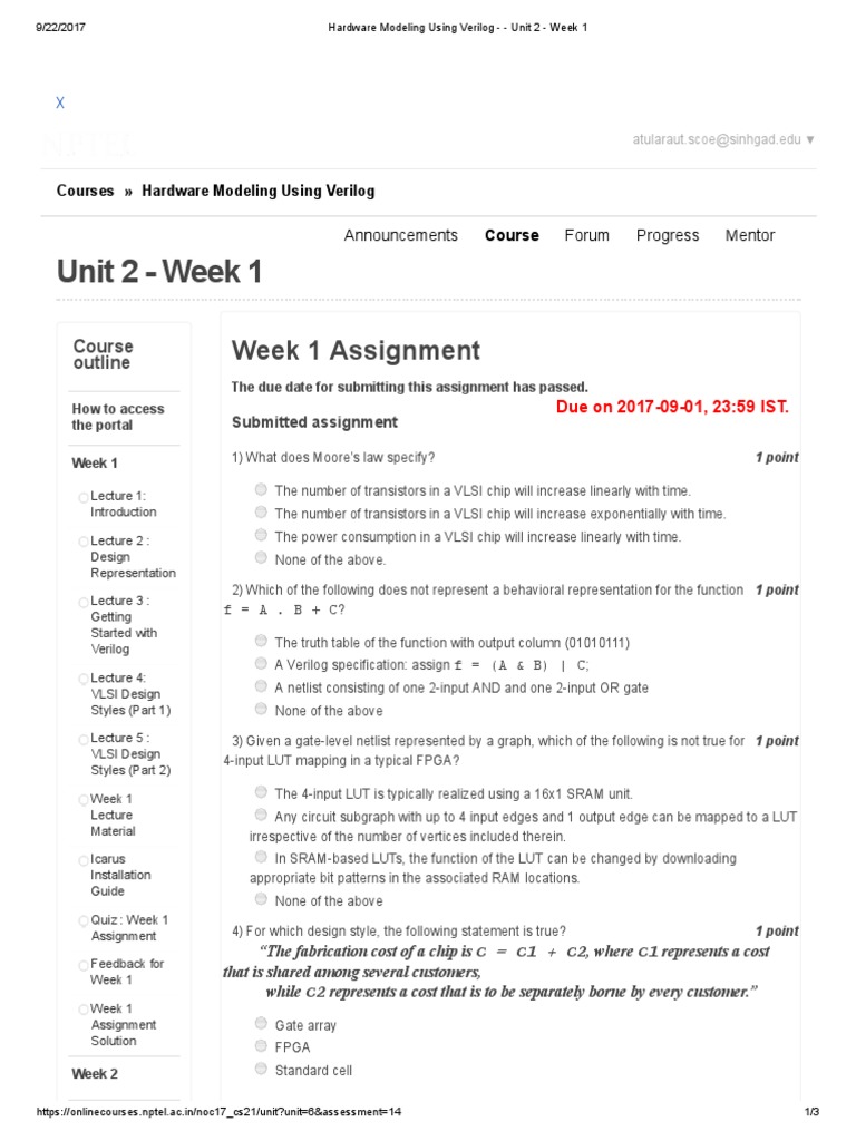 Hardware Modeling Using Verilog Unit 2 Week 1 Assignment Pdf Field Programmable Gate