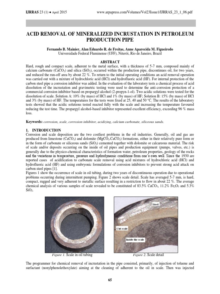 Acid Removal of Mineralized Incrustation in Petroleum Production Pipe ...