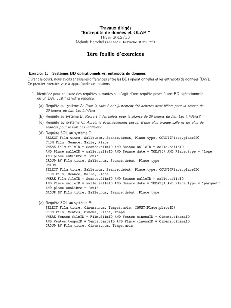 1' Ere Feuille D'exercices: Travaux Dirig Es "Entrep Ots de Don Ees Et OLAP " Hiver 2012/13 ...