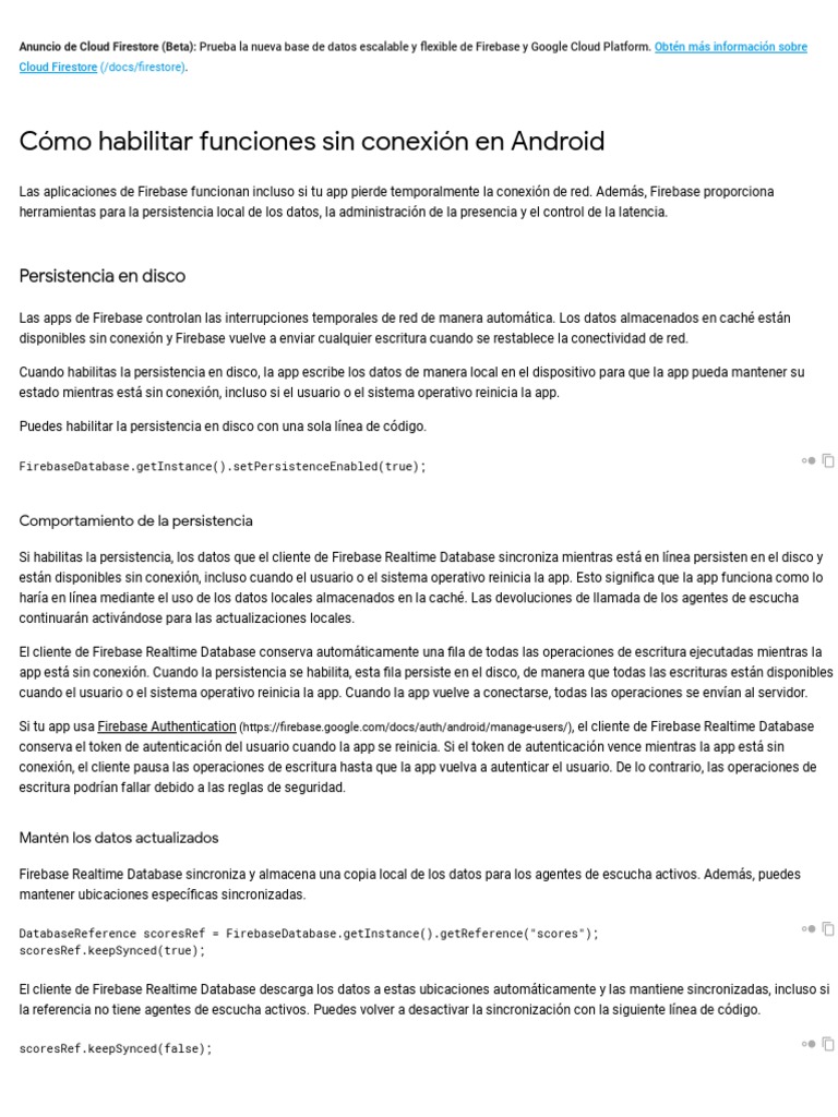 Firebase: Persistencia y Sincronización | PDF | Caché (Computación) | Aplicación movil