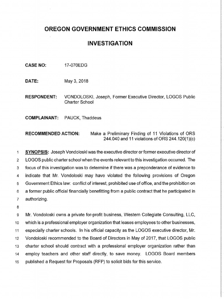Ethics Commission Report On Logos Ex-Director Joe VonDoloski | PDF
