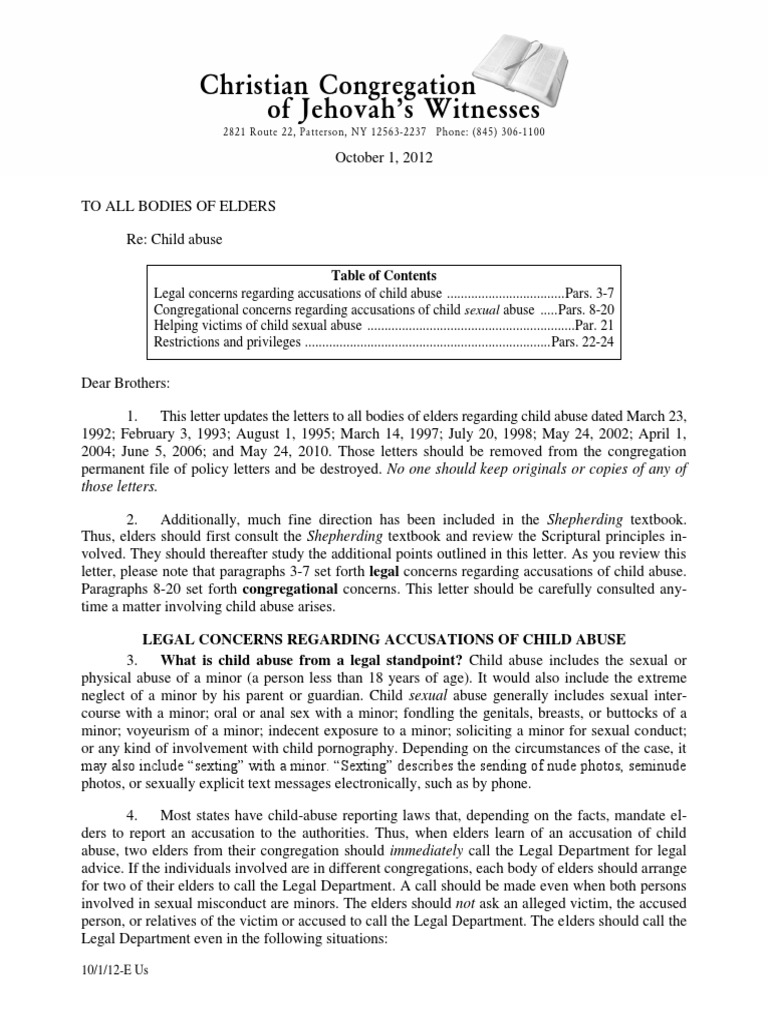 Jehovah's WItnesss JW - Org Body of Elder Child Sex Abuse Boe 2012 ...