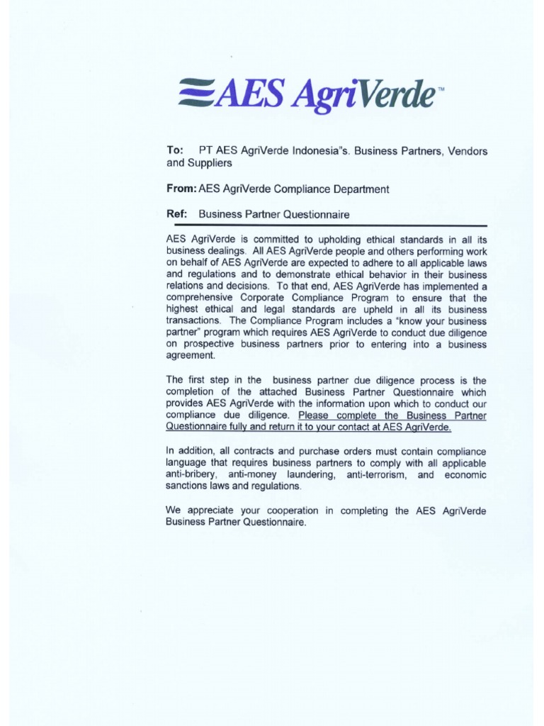 Business Partner Questionnaire PT. AES AgriVerde PDF | PDF