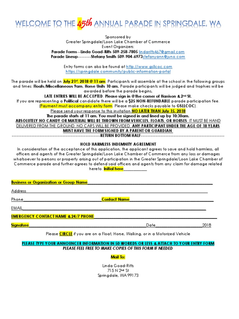 Springdale 2018 Parade Entry Form | PDF | Indemnity | Government