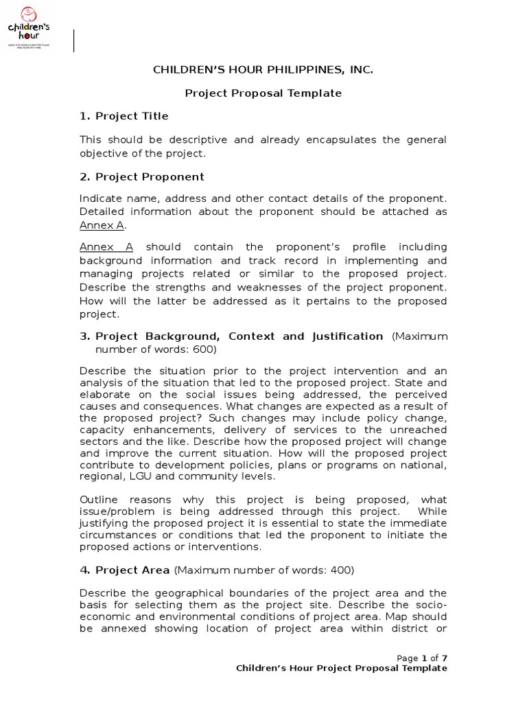 Children'S Hour Philippines, Inc. Project Proposal Template 1. Project ...