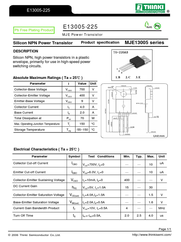 E13005 225 PDF | PDF | Bipolar Junction Transistor | Electrical Equipment