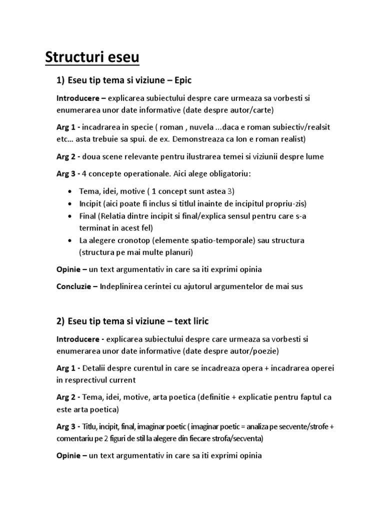 Structura Eseu Bac Romana 2018 | PDF