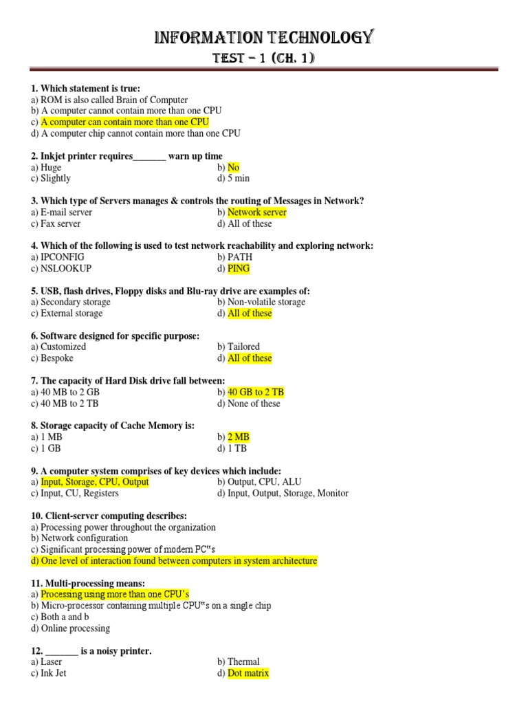 Information Technology: Test - 1 (Ch. 1) | Download Free PDF | Printer ...