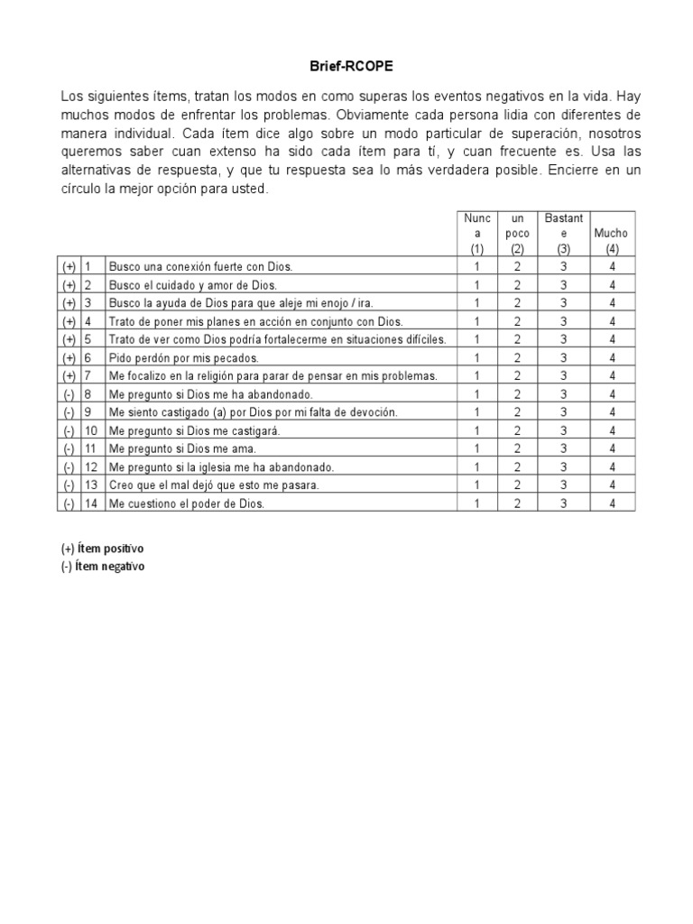 Brief-RCOPE: (+) Ítem Positivo (-) Ítem Negativo | PDF