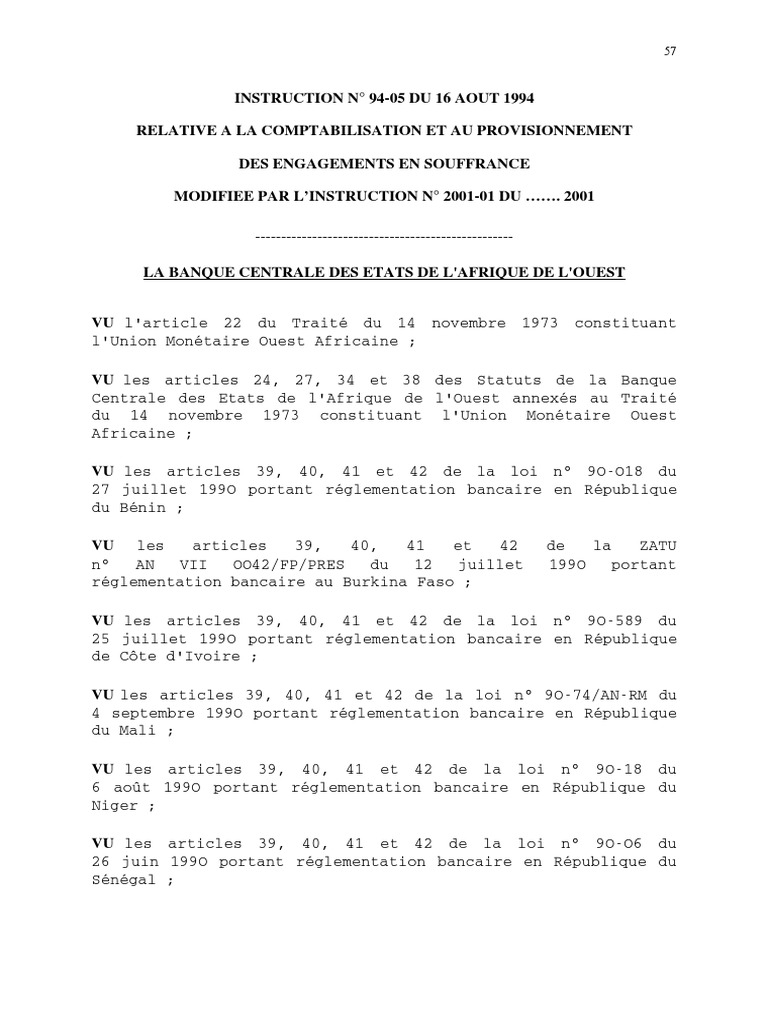 INSTRUCTION N°94-05 de La BCEAO | PDF | Crédit (Finance) | Comptabilité