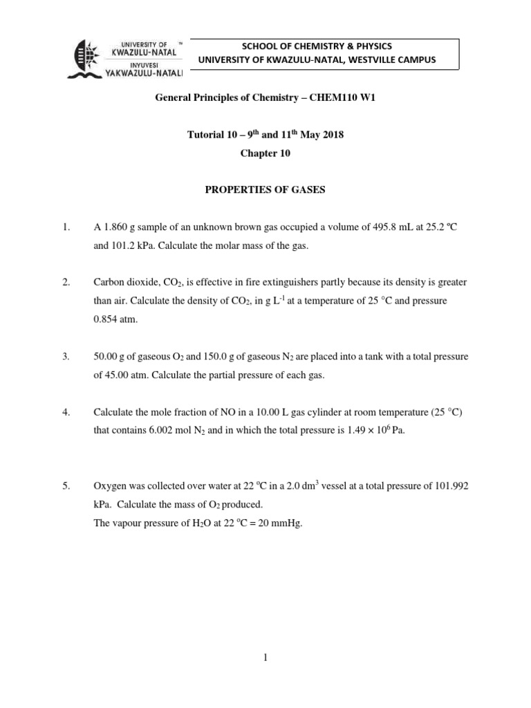 Chem 110 W1 - Tutorial 10 - Gases | PDF