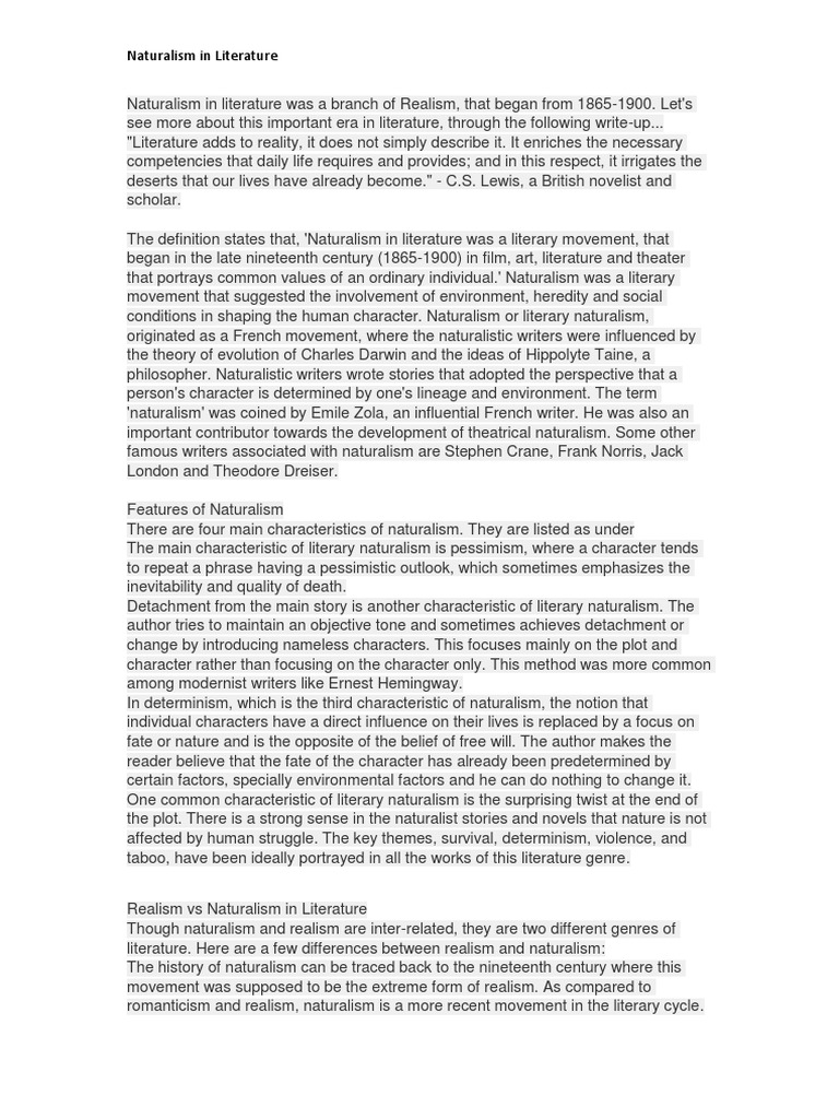 Characteristics of Naturalism in Literature | PDF | Realism (Arts) | Works