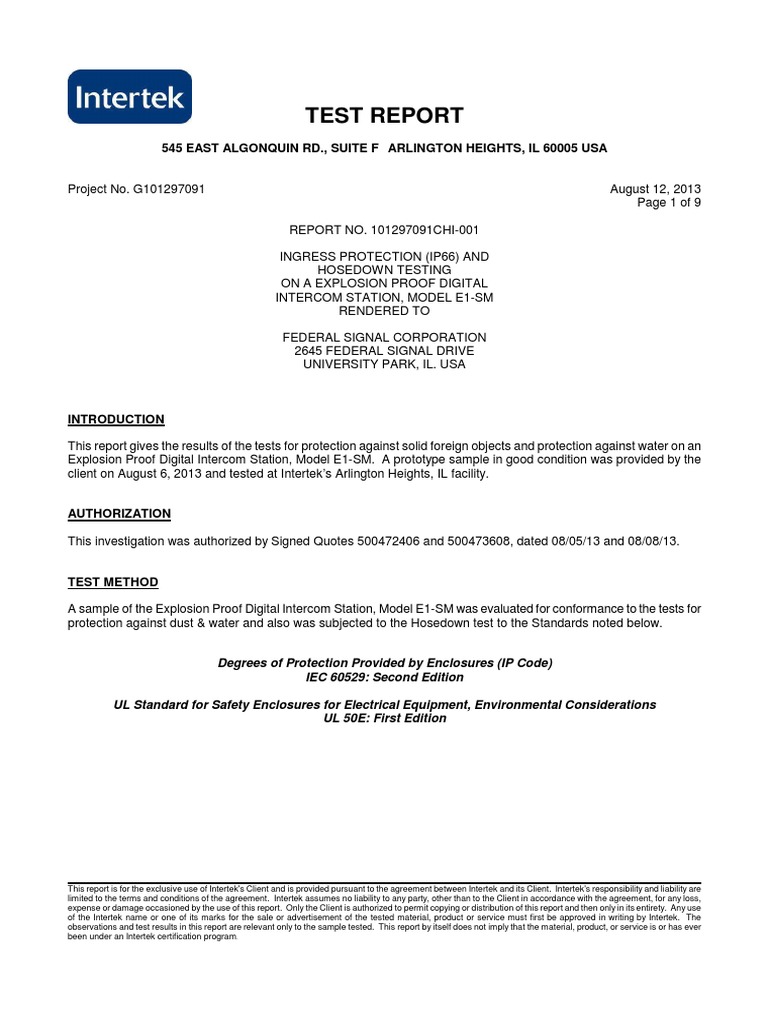 Model E1 - Ingress Protection Report | PDF | Nature