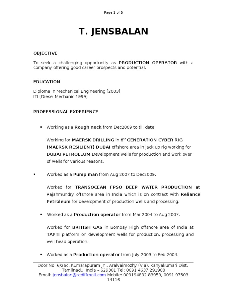 Production Operator CV | PDF | Casing (Borehole) | Drilling Rig