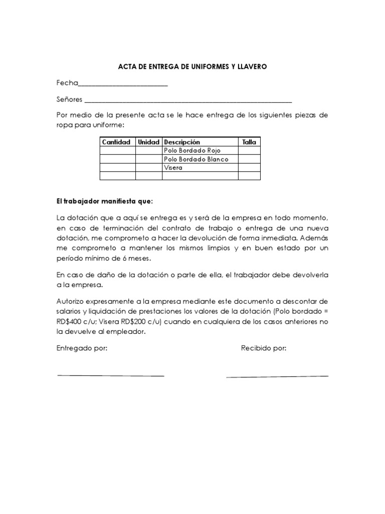 Acta De Entrega De Uniformes Pdf