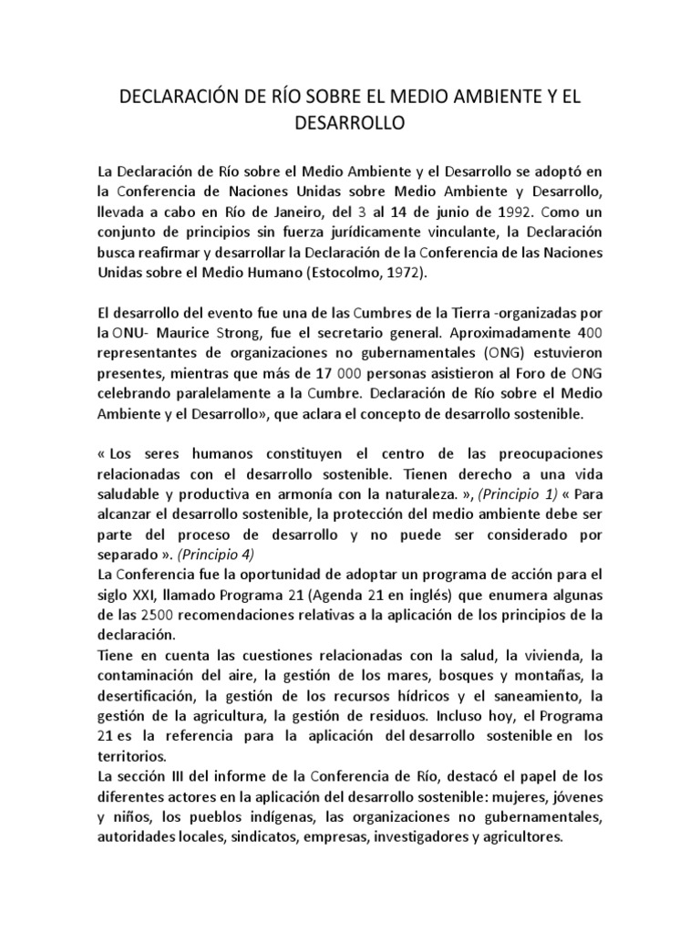 Declaración de Río Sobre El Medio Ambiente y El Desarrollo | PDF ...