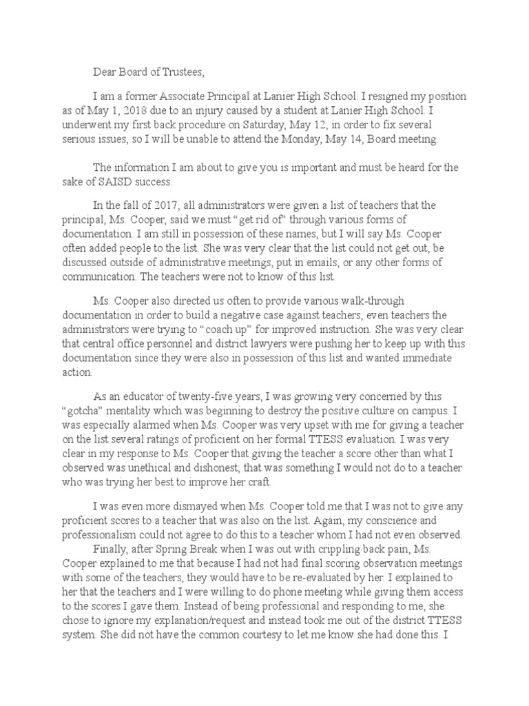 Letter to board of Trustees | Teachers