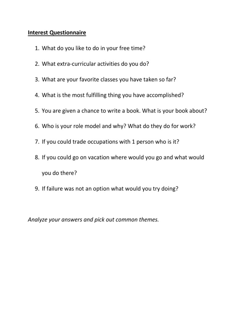 Interest Questionnaire: Analyze Your Answers and Pick Out Common Themes ...