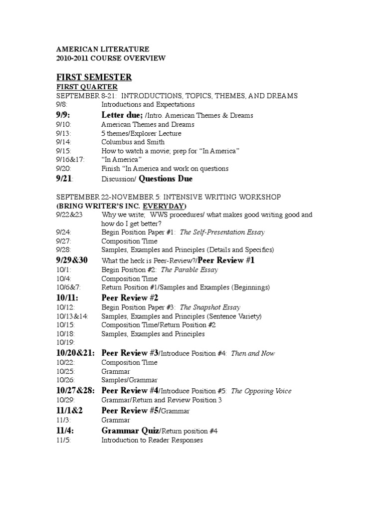 American Literature Course Overview 2010-2011 | PDF | Essays