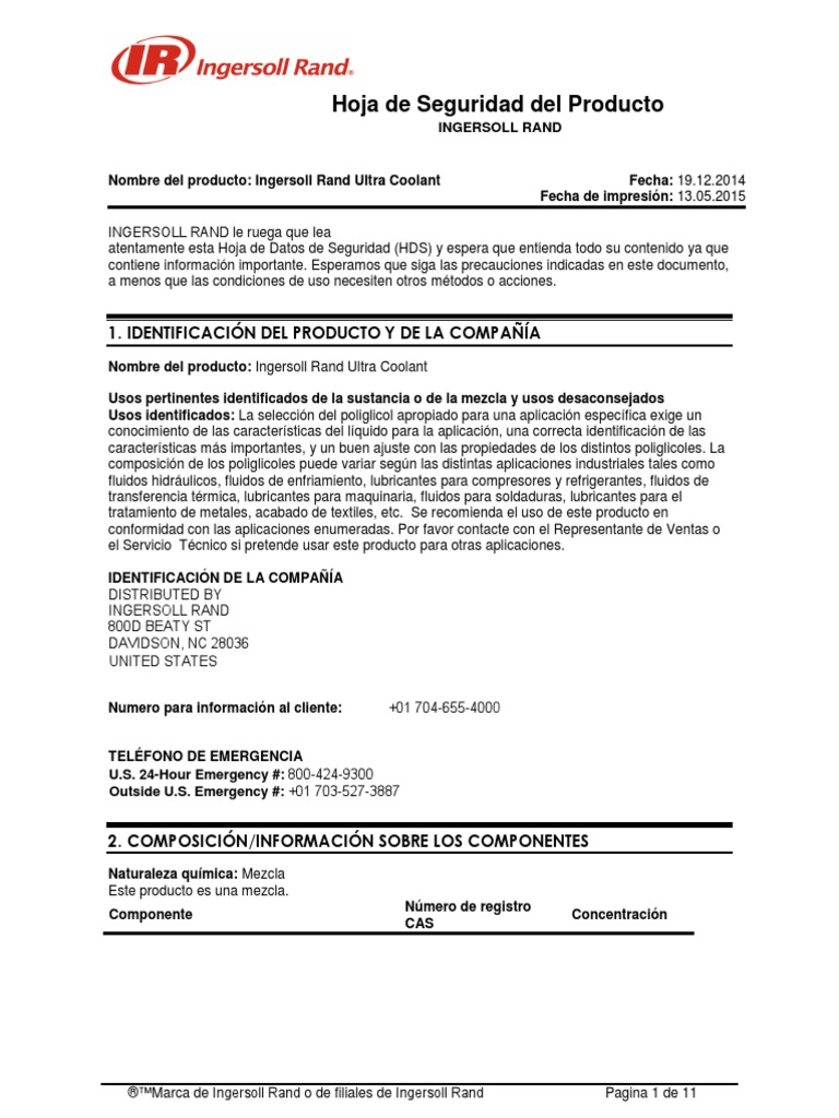 SDS Ingersoll Rand Ultra Coolant PDF | PDF | Toxicidad | Agua