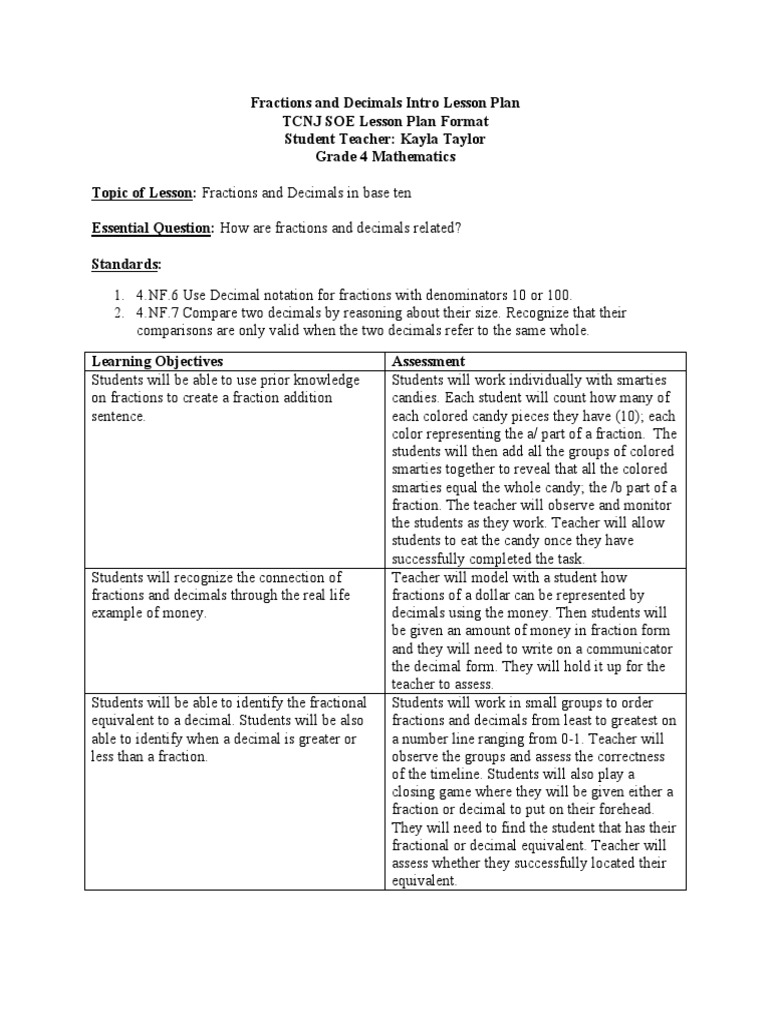 MTT Lesson Plan | PDF | Decimal | Fraction (Mathematics)