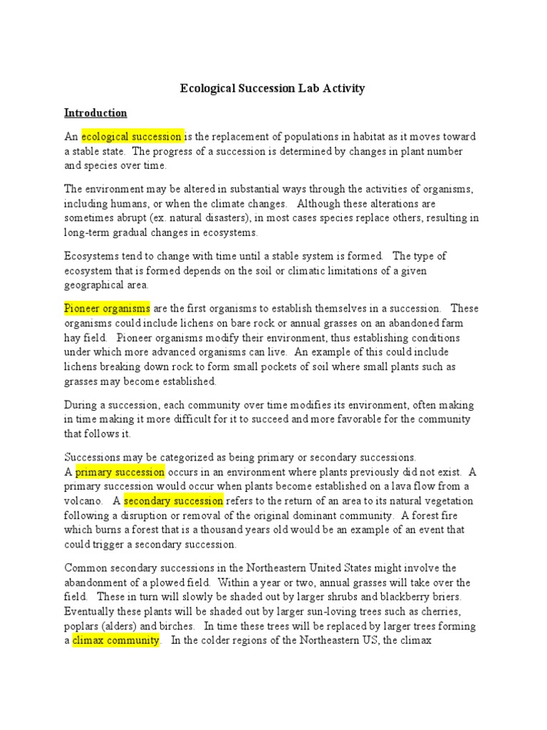 Ecological Succession Lab Overview | PDF | Ecology | Biogeochemistry