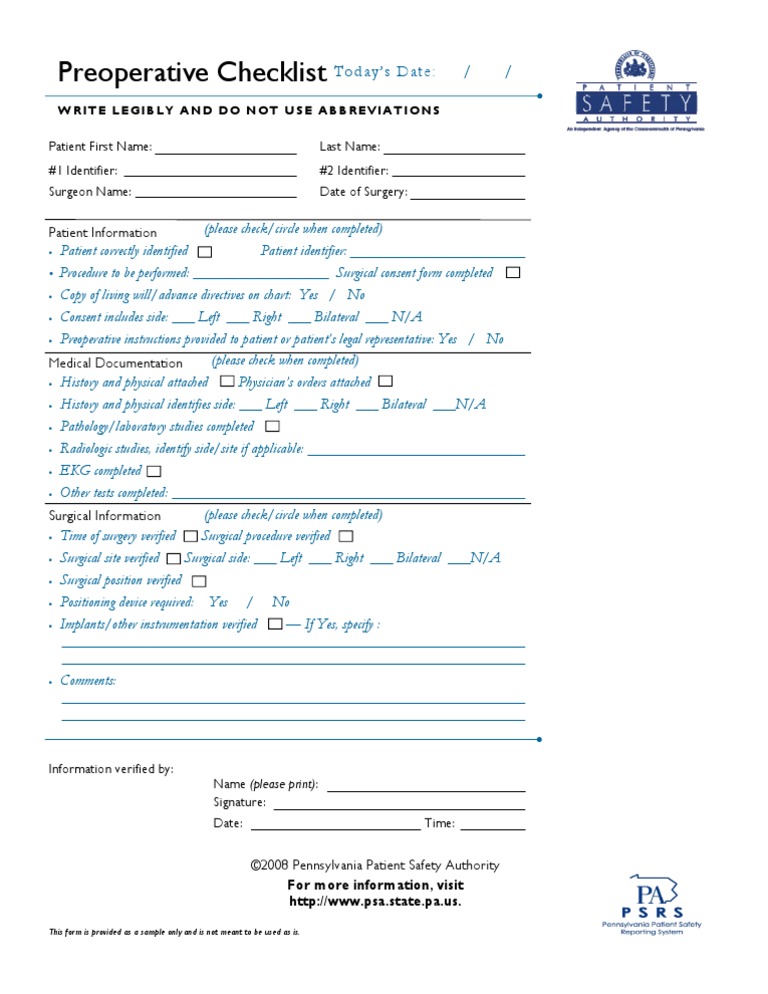 Pre Op Checklist | PDF | Surgery | Patient