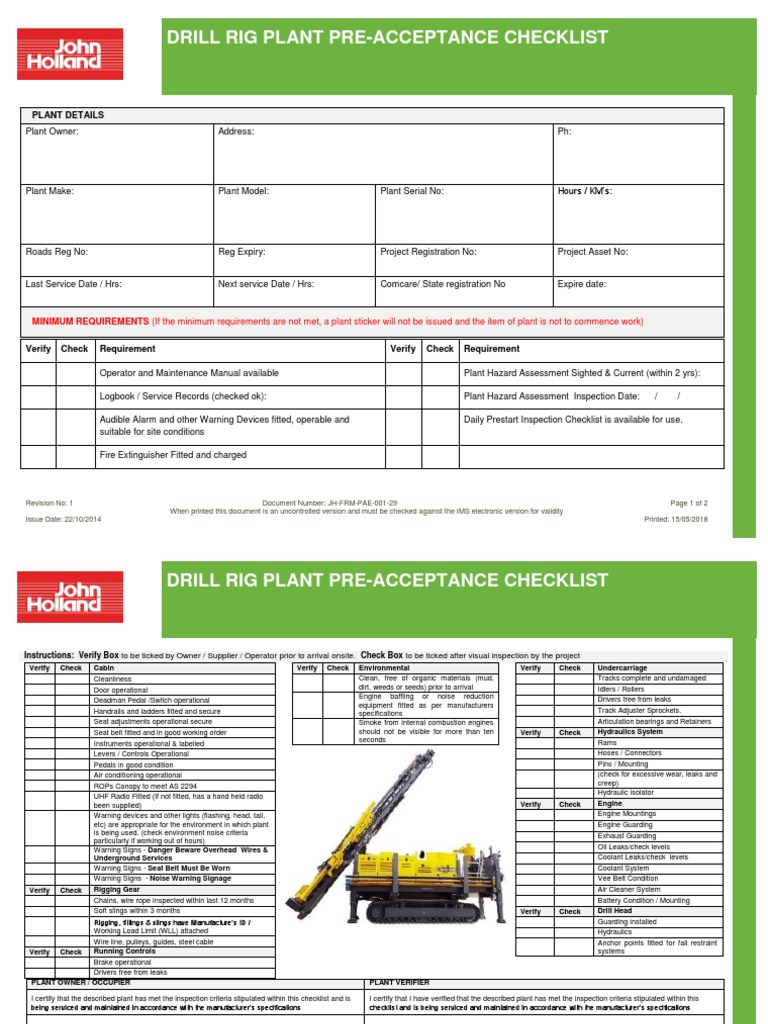 Drill Rig Plant Pre Acceptance Checklist | PDF | Belt (Mechanical) | Vehicles