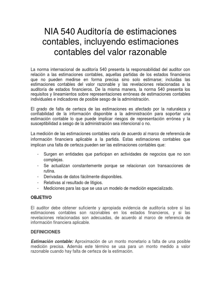 Nia 540 | PDF | Contralor | Auditoría financiera