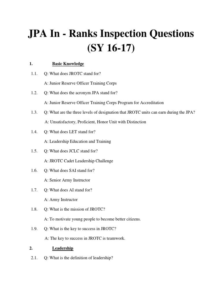 JROTC JPA Inspection Questions Guide | PDF | Military | Military Science
