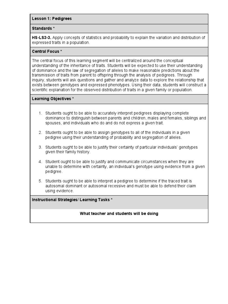 Pedigree Analysis Lesson Plan | PDF | Dominance (Genetics) | Zygosity