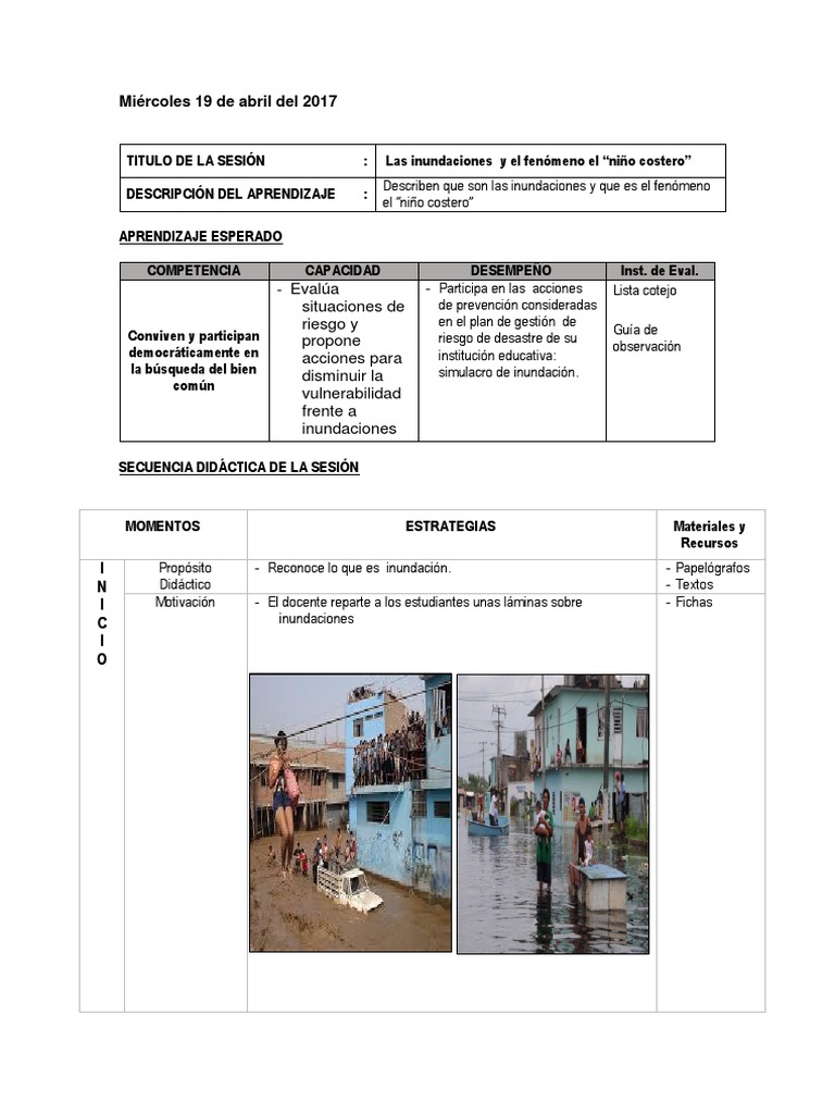 Inundaciones Sesion de Aprendizaje | PDF | El niño | Aprendizaje