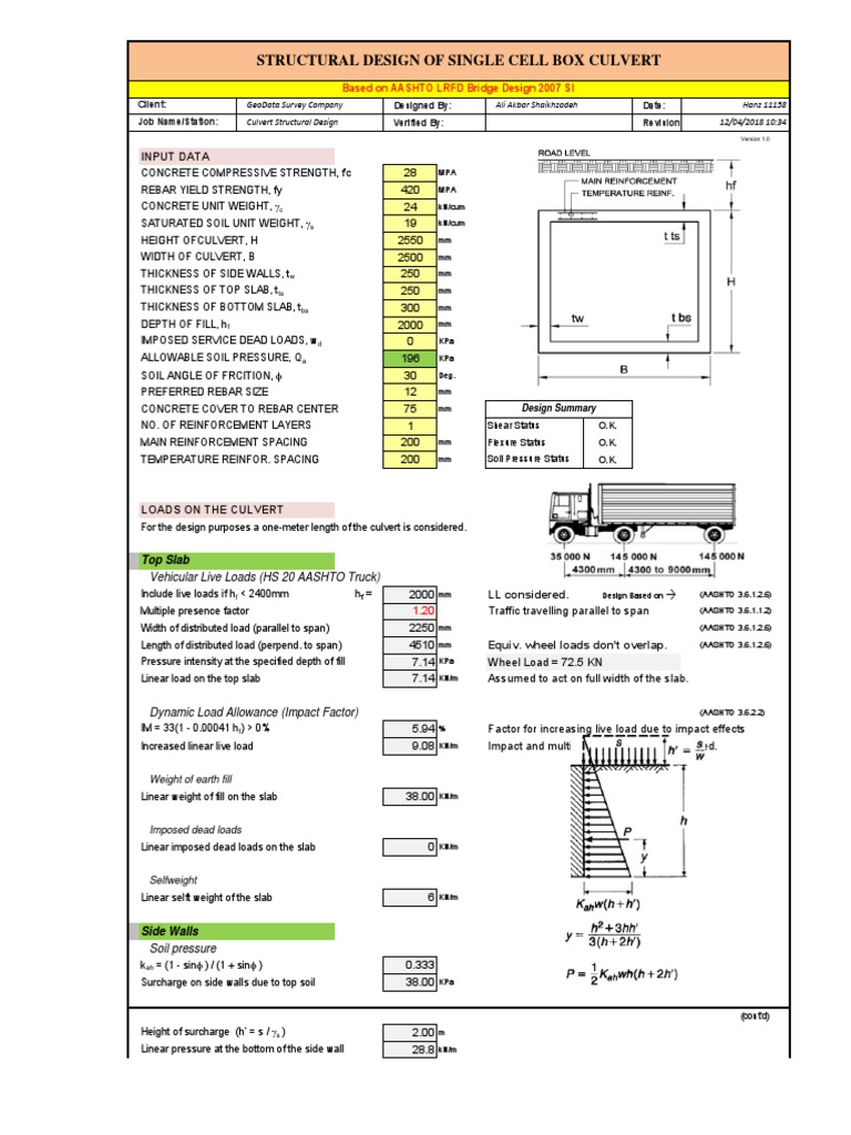 Box Culvert Design LRFD 2x2m, 2m Filling by Excel Sheet | PDF ...
