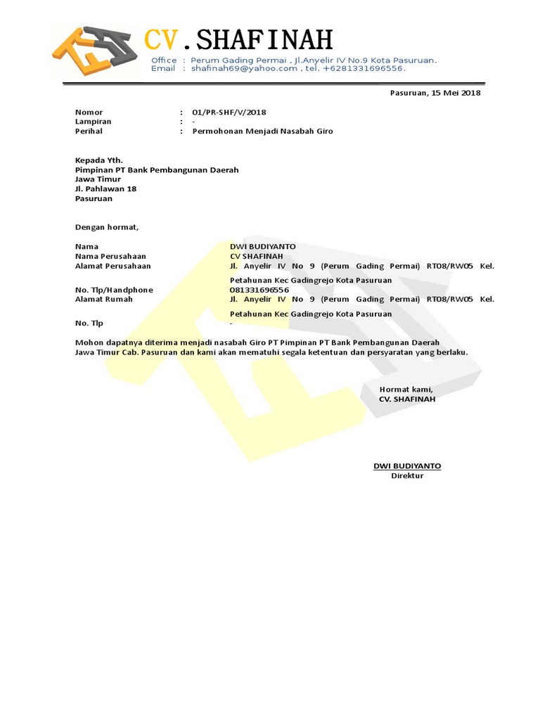 Permohonan Rekening Giro CV Shafinah | PDF