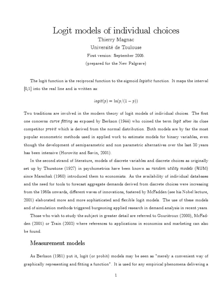 Logit Models Of Individual Choices Thierry Magnac Université De
