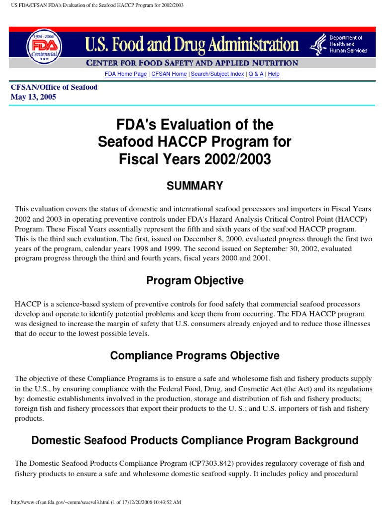 US FDA - CFSAN FDA's Evaluation of The Seafood HACCP Program For 2002 ...