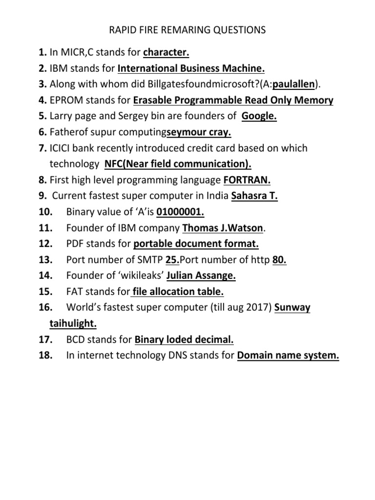 Rapid Fire Remaring Questions | PDF