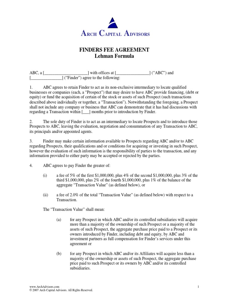 Finder's Fee Agreement - Lehman Formula | PDF | American Broadcasting ...