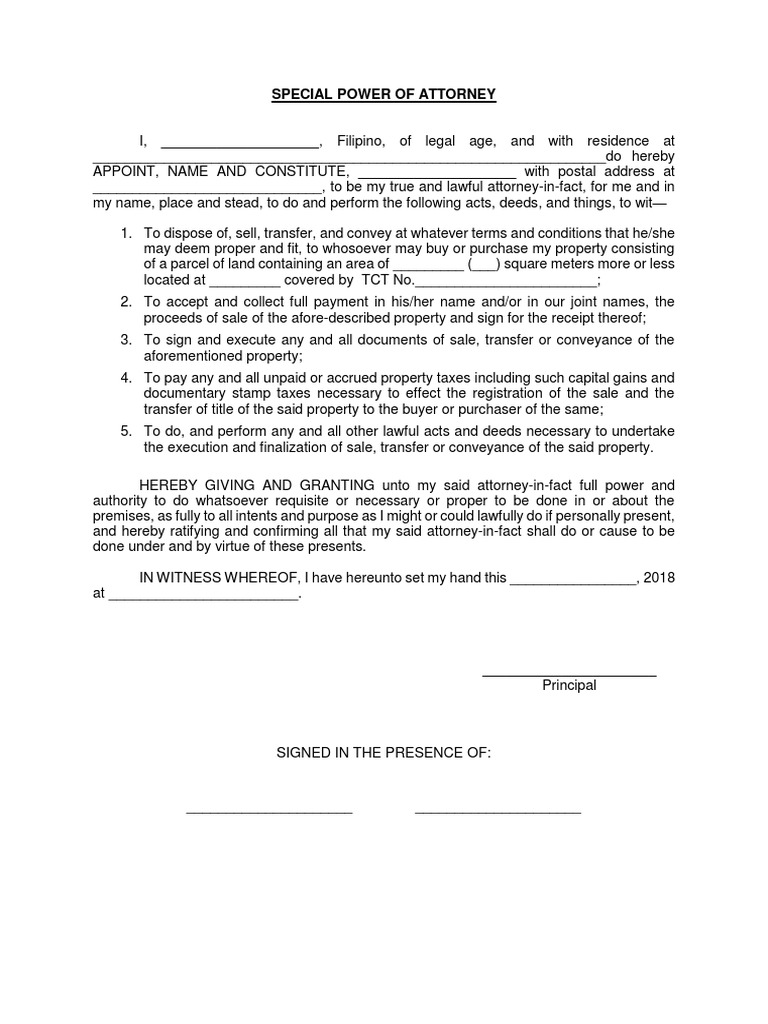 SPA Template | PDF | Power Of Attorney | Conveyancing