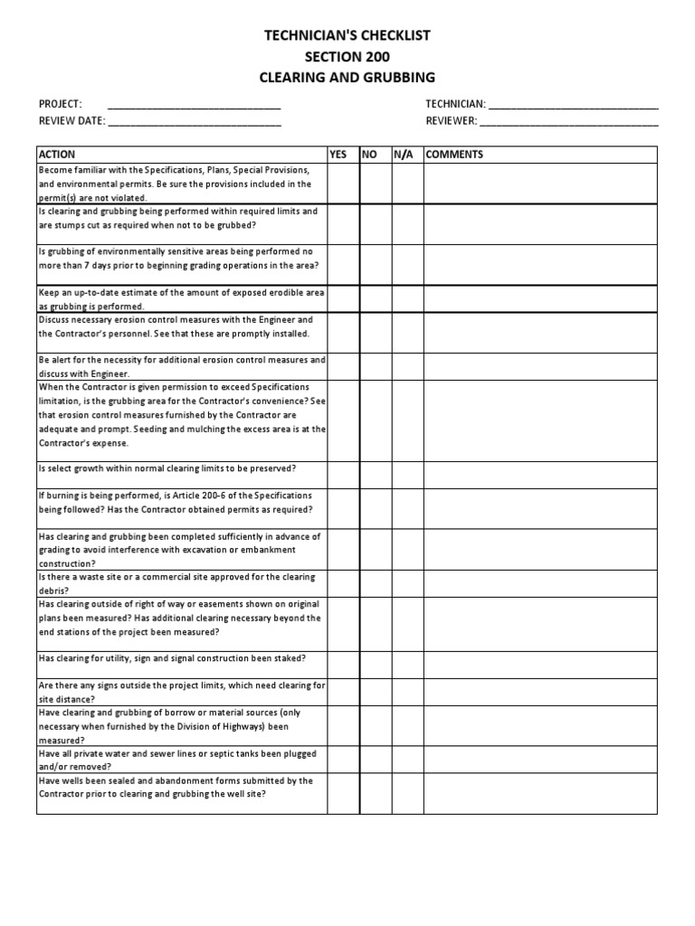 Clearing and Grubbing Technician Checklist | PDF | General Contractor ...