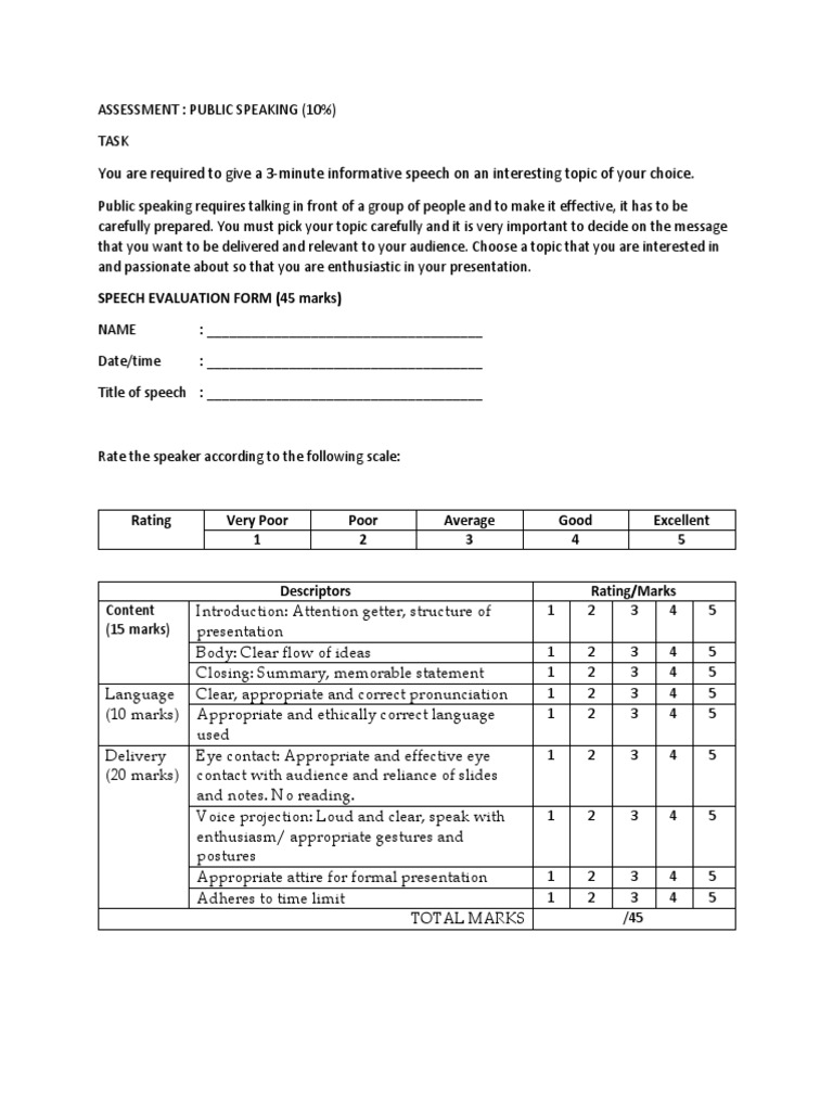 Speech Evaluation Form (45 Marks) | PDF | Career & Growth | Language ...
