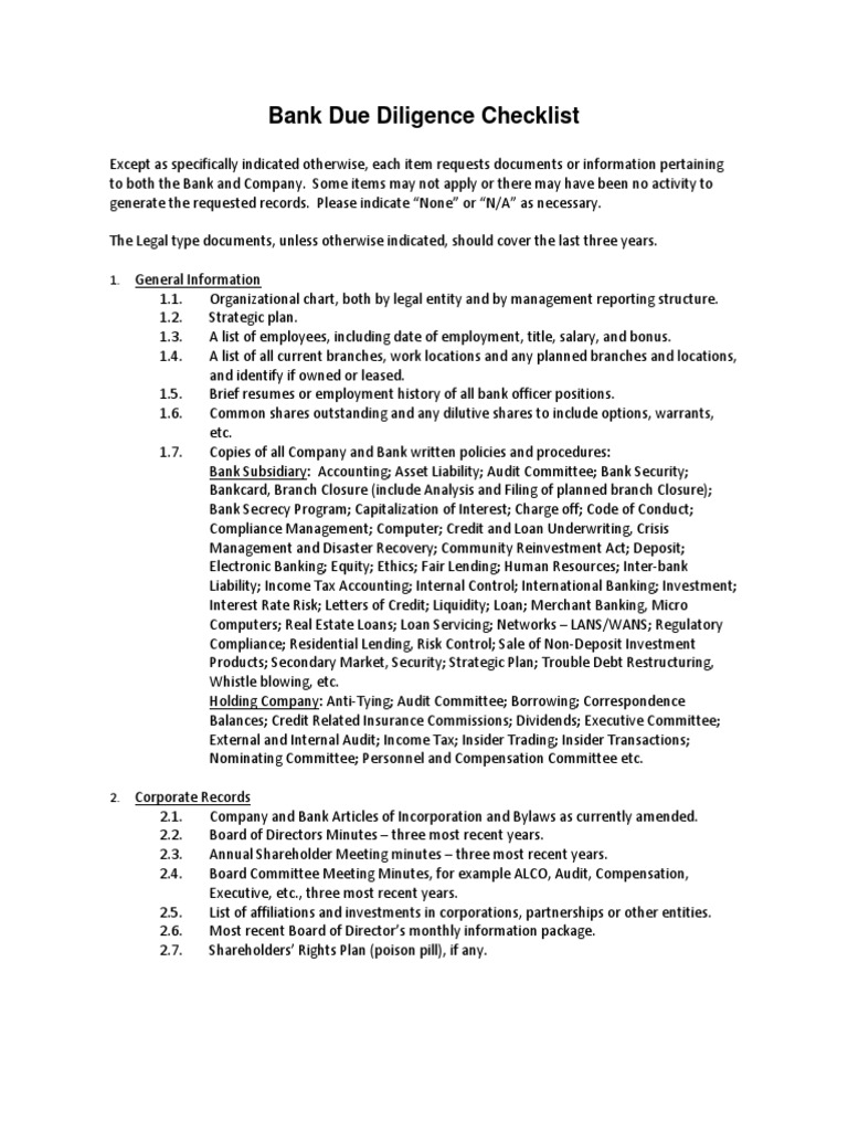 BANKS Due Diligence Checklist