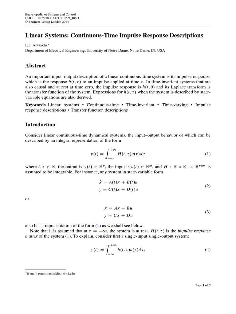 Linear Systems: Continuous-Time Impulse Response Descriptions | PDF ...