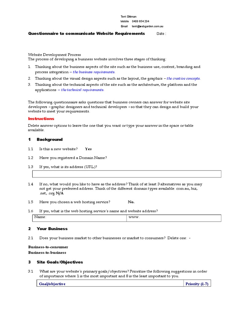 Website Requirements Questionnaire Blank | PDF | Websites | Search ...