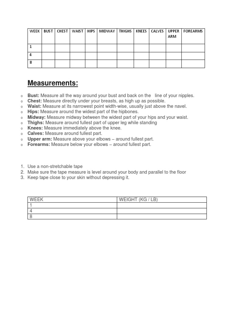 Body Measurement and Weight Chart | PDF | Human Anatomy | Human Body