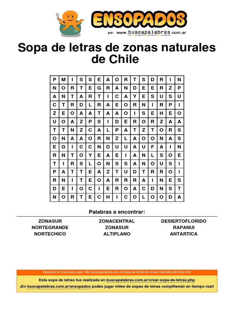 Sopa de Letras de Zonas Naturales de Chile