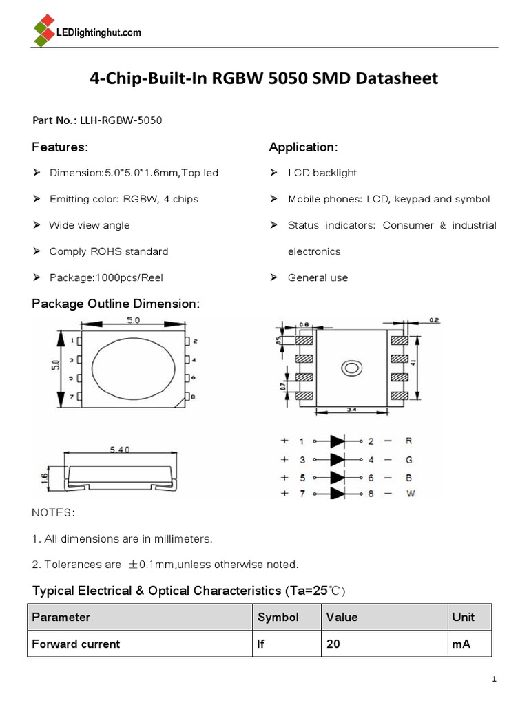 4-Chip RGBW 5050 SMD LED Datasheet | PDF | Light Emitting Diode ...